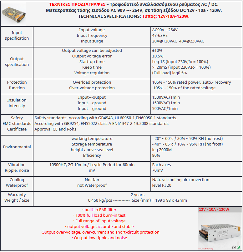 Τροφοδοτικο 12v - 10a - 120w ac / dc μετατροπέας τάσης από 220v σε 12 βολτ